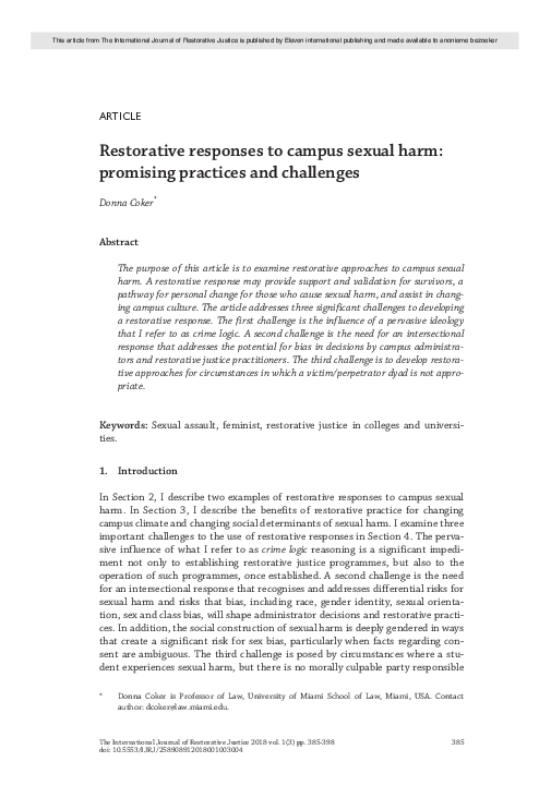 (PDF) Restorative responses to campus sexual harm: promising practices and challenges