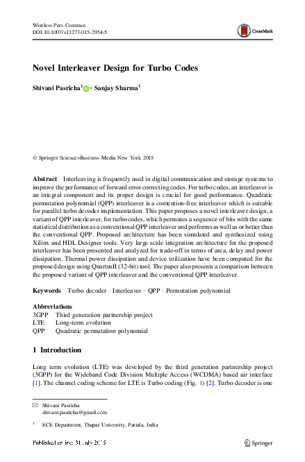 (PDF) Enhanced QPP Interleaver for Turbo Codes