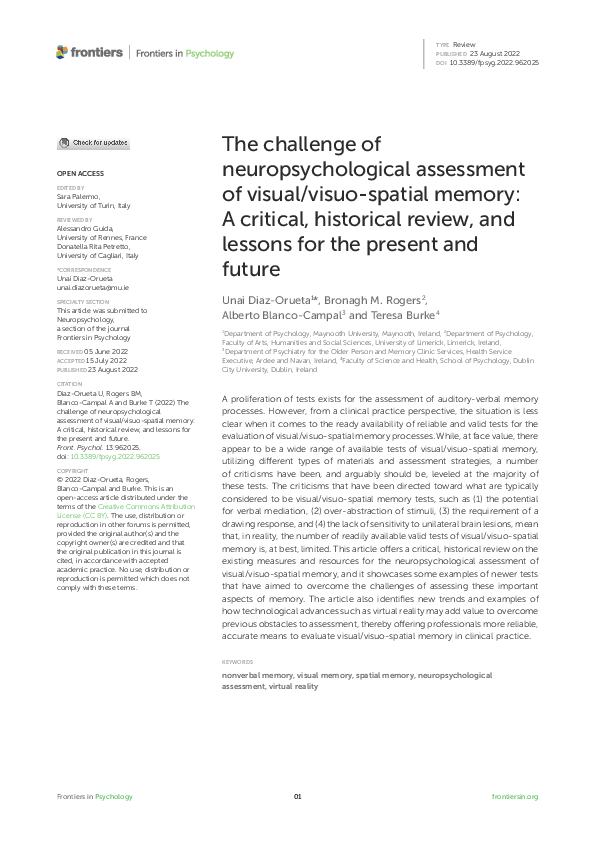 (PDF) The challenge of neuropsychological assessment of visual/visuo-spatial memory: A critical ...