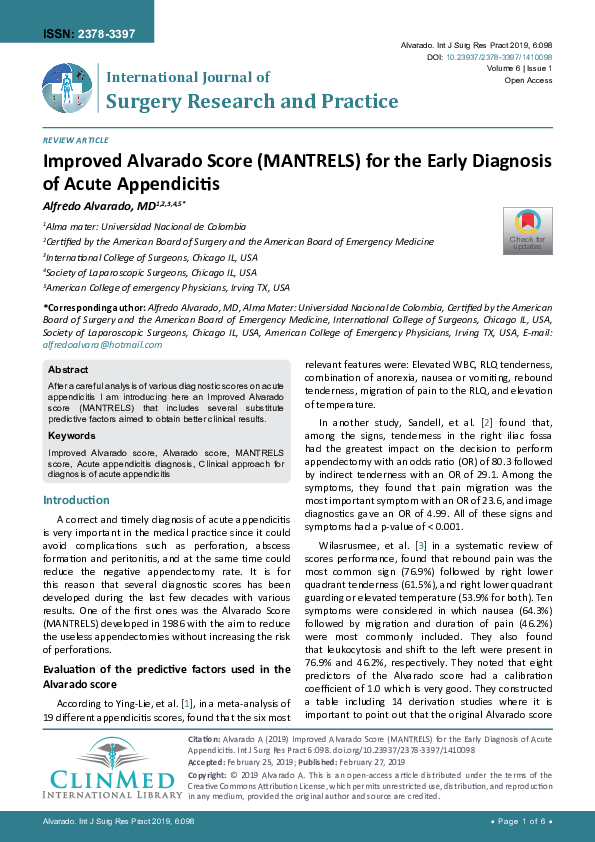 (PDF) Improved Alvarado Score (MANTRELS) for the Early Diagnosis of ...