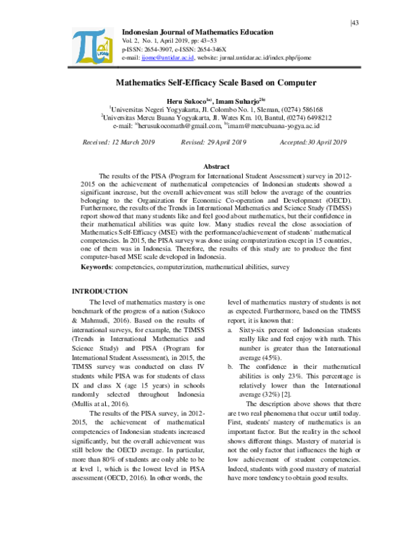 (PDF) Mathematics Self-Efficacy Scale Based on Computer