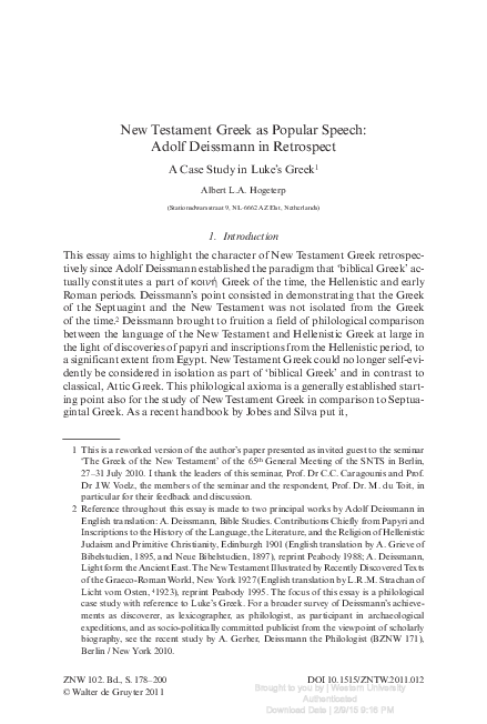 (PDF) New Testament Greek as Popular Speech: Adolf Deissmann in ...