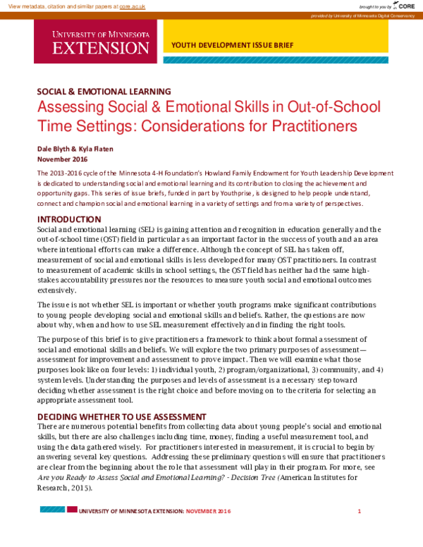 (PDF) Assessing Social & Emotional Skills in Out-of-School Time Settings: Considerations for ...