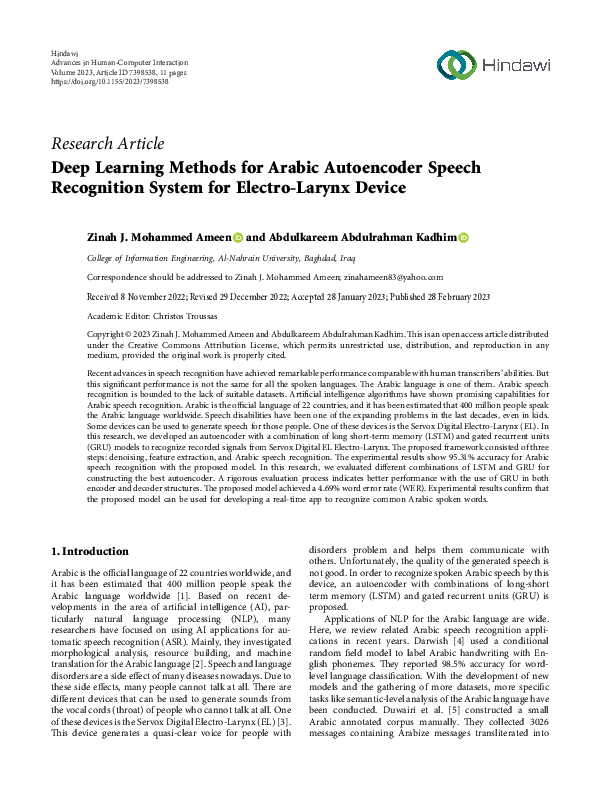(PDF) Deep Learning Methods for Arabic Autoencoder Speech Recognition System for Electro-Larynx ...