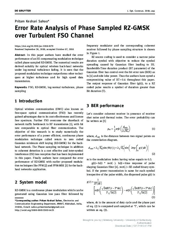 (PDF) Error Rate Analysis of Phase Sampled RZ-GMSK over Turbulent FSO ...