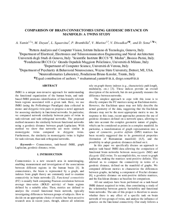 (PDF) Comparison of brain connectomes using geodesic distance on manifold:a twin study | Diego ...