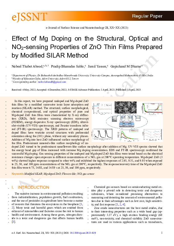 (PDF) Effect of Mg Doping on the Structural, Optical and NO2-sensing Properties of ZnO Thin ...