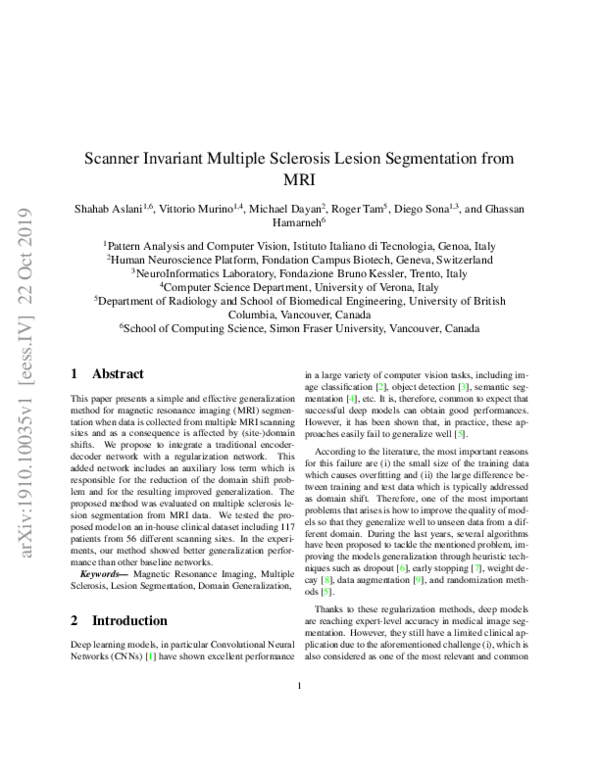 Pdf Scanner Invariant Multiple Sclerosis Lesion Segmentation From Mri Diego Sona