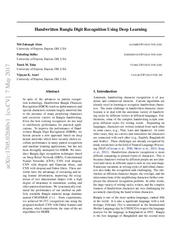 (PDF) Bangla Digit Recognition Using Deep Learning