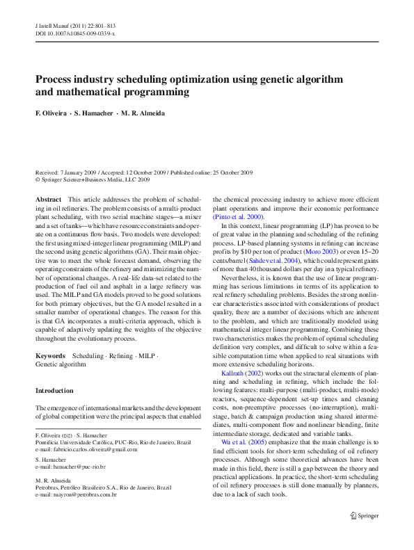 (PDF) Process industry scheduling optimization using genetic algorithm and mathematical programming