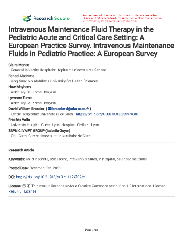 (PDF) Intravenous Maintenance Fluid Therapy in the Pediatric Acute and ...