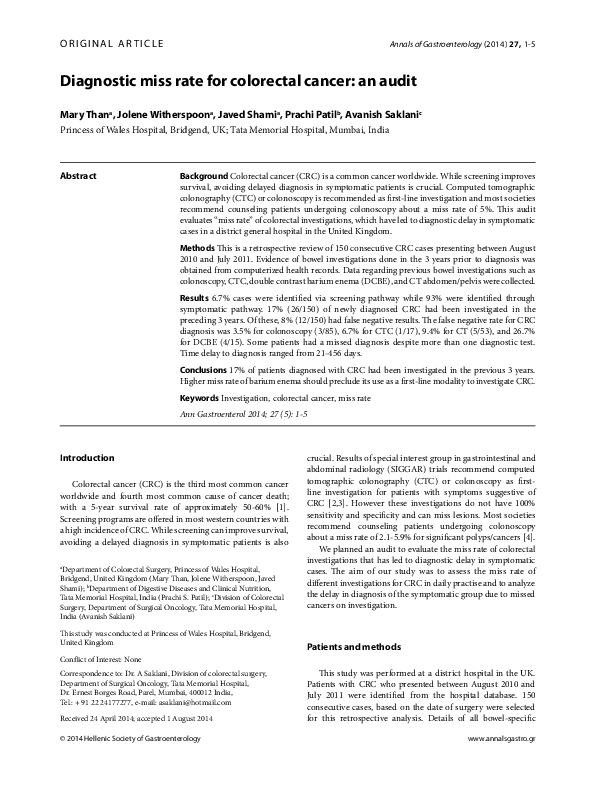 (PDF) Diagnostic miss rate for colorectal cancer: an audit