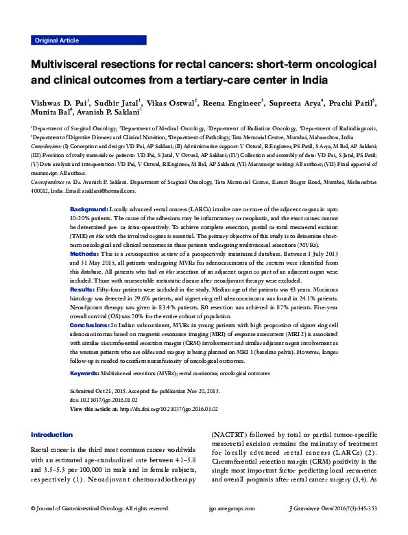 (PDF) Multivisceral resections for rectal cancers: short-term oncological and clinical outcomes ...