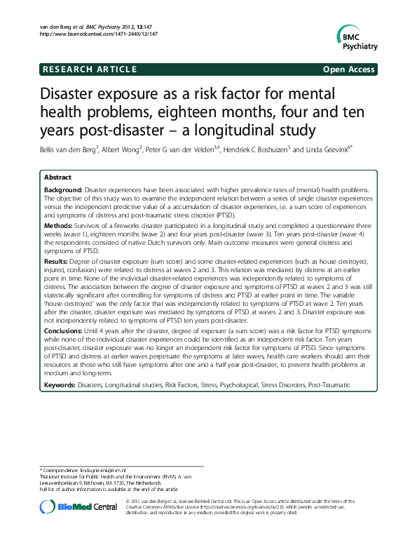 (PDF) Disaster exposure as a risk factor for mental health problems ...