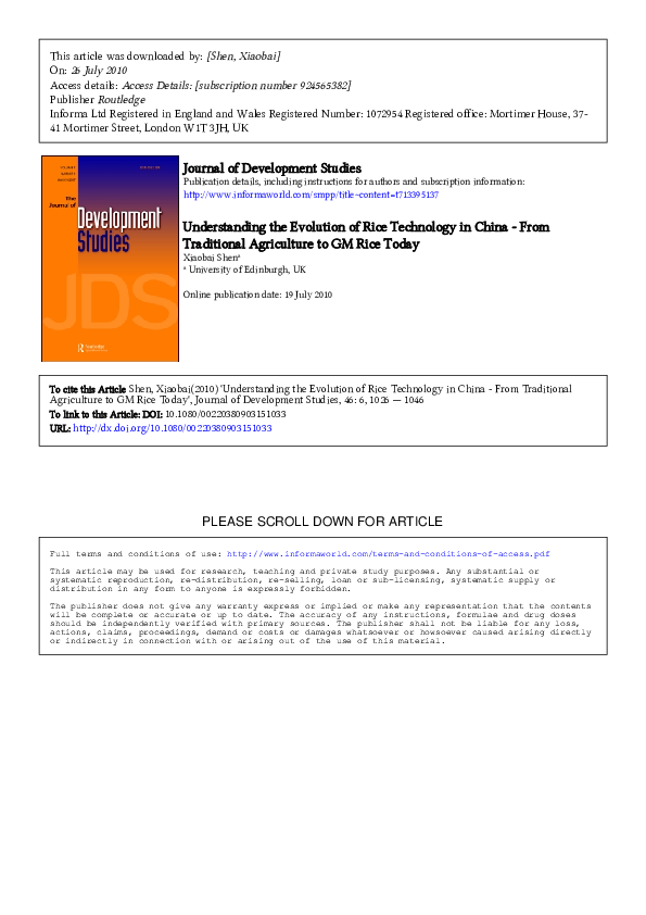 (PDF) Understanding the Evolution of Rice Technology in China – From ...