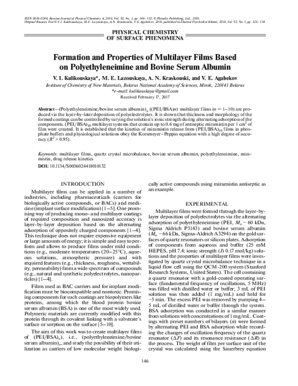 (PDF) Multilayer PEI/BSA Films: Structure, Properties, and Drug Release