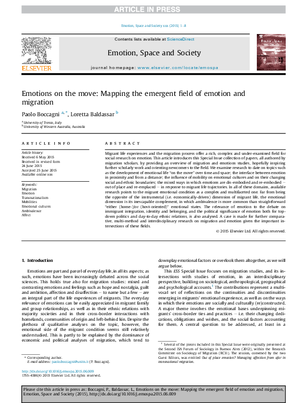 (PDF) Emotions on the move: Mapping the emergent field of emotion and migration