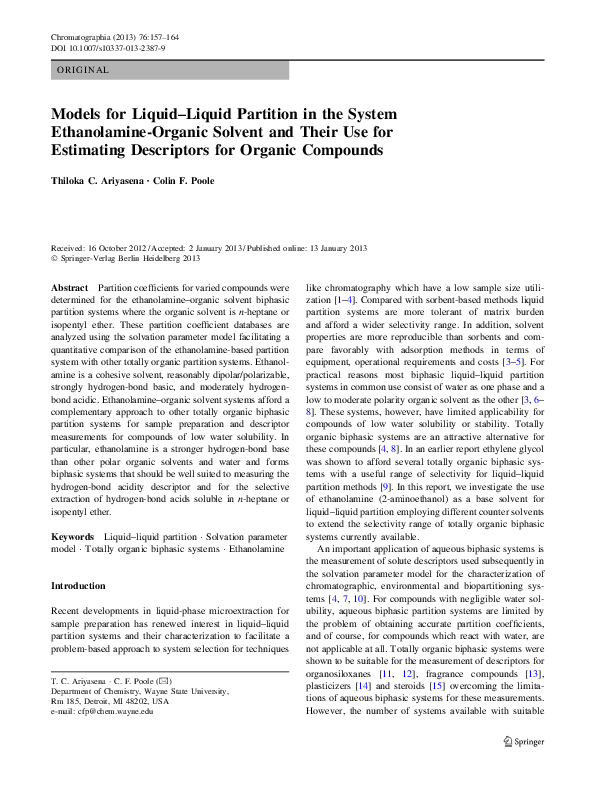 (PDF) Models for Liquid–Liquid Partition in the System Ethanolamine ...