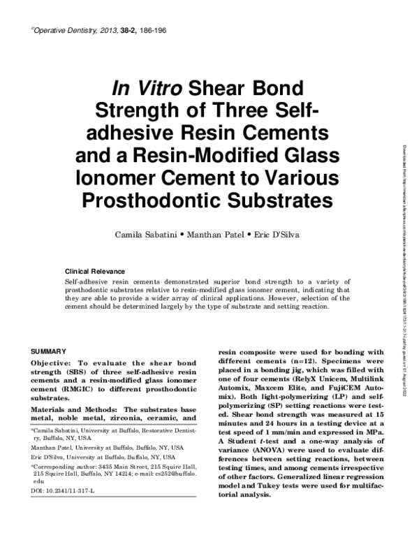 (PDF) In Vitro Shear Bond Strength of Three Self-adhesive Resin Cements ...