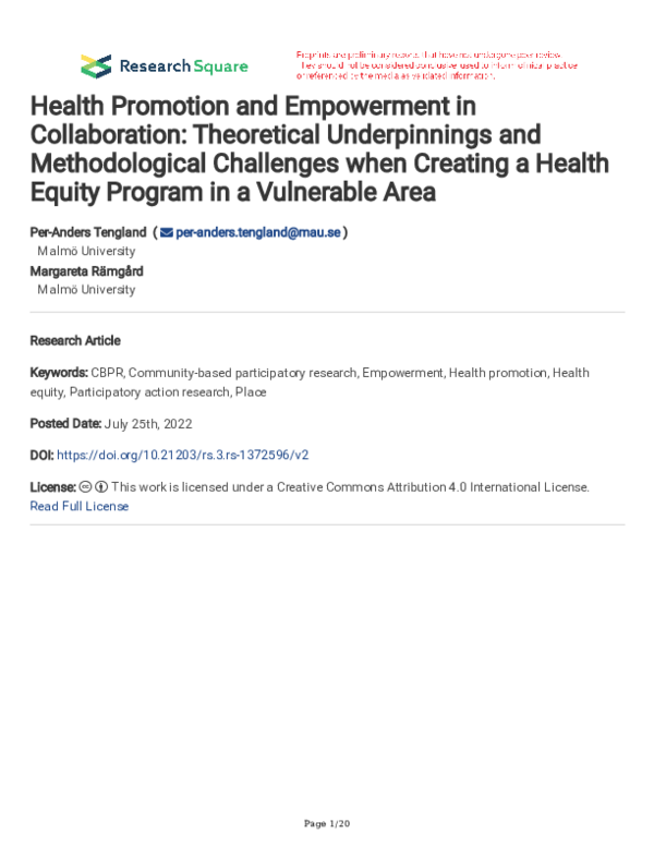 (PDF) Health Promotion and Empowerment in Collaboration: Theoretical ...