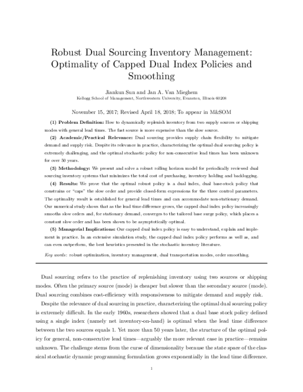 Pdf Robust Dual Sourcing Inventory Management Optimality Of Capped Dual Index Policies