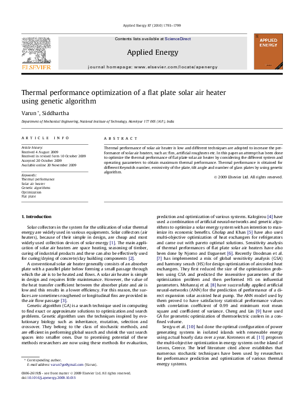 (PDF) Thermal performance optimization of a flat plate solar air heater using genetic algorithm