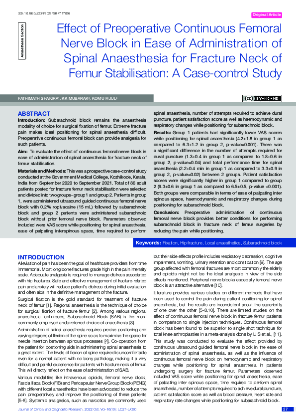 (PDF) Effect of Preoperative Continuous Femoral Nerve Block in Ease of ...