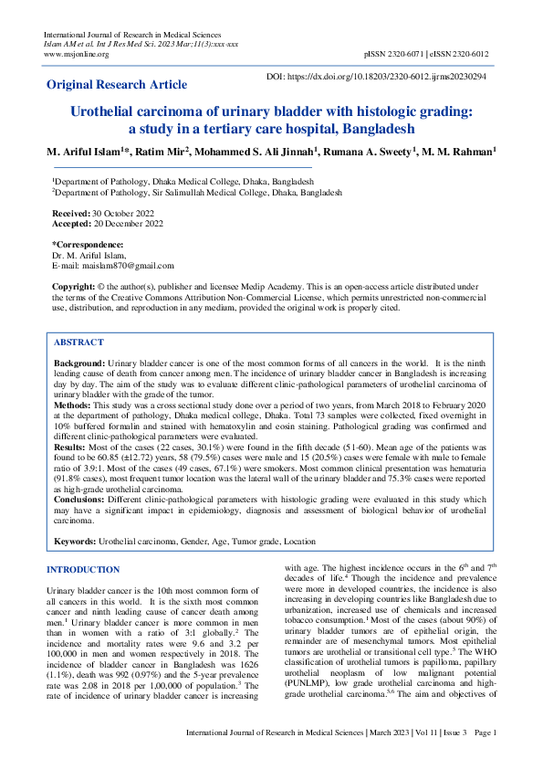 (PDF) Urothelial carcinoma of urinary bladder with histologic grading: a study in a tertiary ...