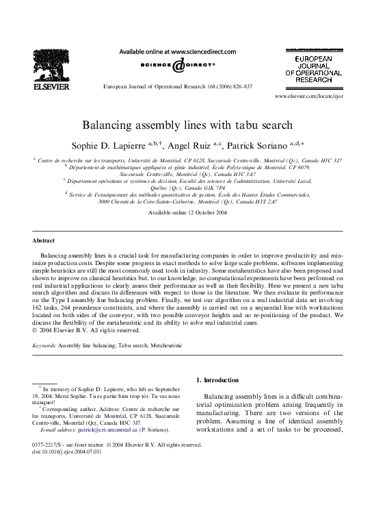 (PDF) Balancing assembly lines with tabu search