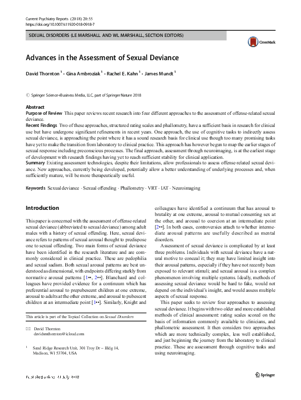 Pdf Advances In The Assessment Of Sexual Deviance
