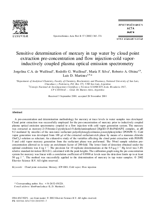 Pdf Sensitive Determination Of Mercury In Tap Water By Cloud Point Extraction Pre