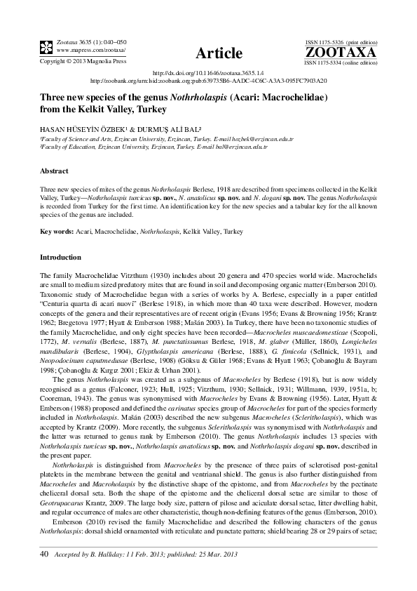 (PDF) Three new species of the genus Nothrholaspis (Acari ...