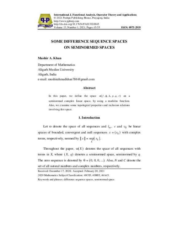 Pdf Some Difference Sequence Spaces On Seminormed Spaces Mushir Khan