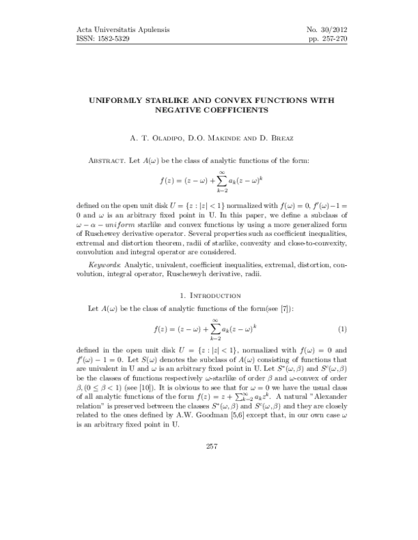 Pdf Uniformly Starlike And Convex Functions With Negative Coefficients Deborah Makinde 8497