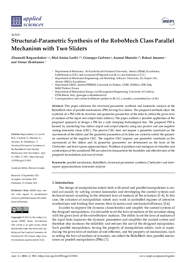 (PDF) Structural-Parametric Synthesis of the RoboMech Class Parallel Mechanism with Two Sliders