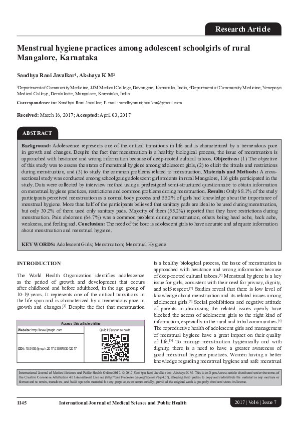 Pdf Menstrual Hygiene Practices Among Adolescent Schoolgirls Of Rural