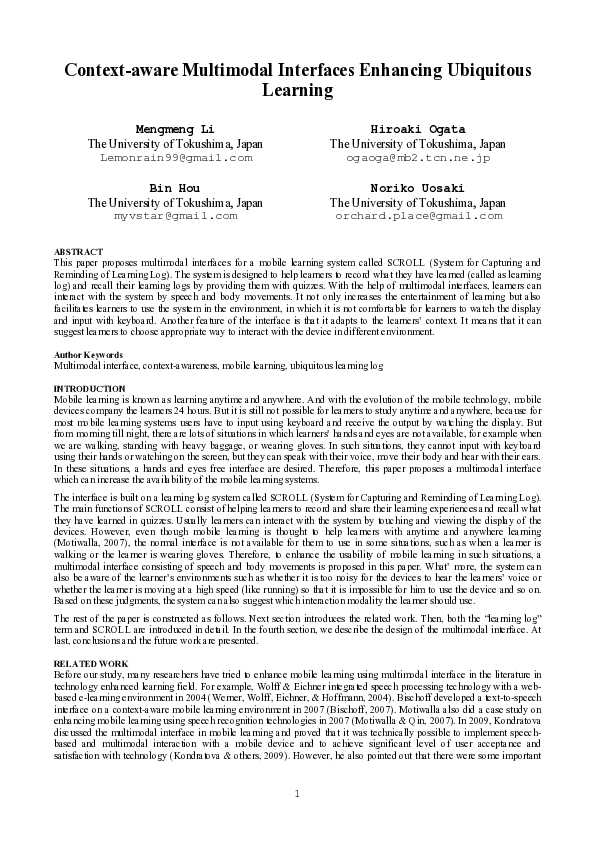 Pdf Context Aware Multimodal Interfaces Enhancing Ubiquitous Learning