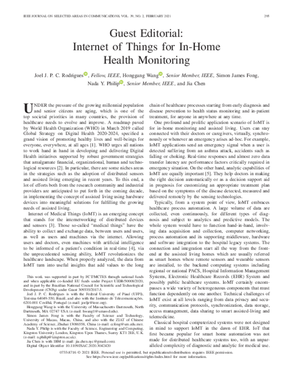 (PDF) Guest Editorial: Internet of Things for In-Home Health Monitoring
