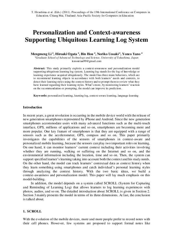 (PDF) Personalization and Context-awareness Supporting Ubiquitous Learning Log System