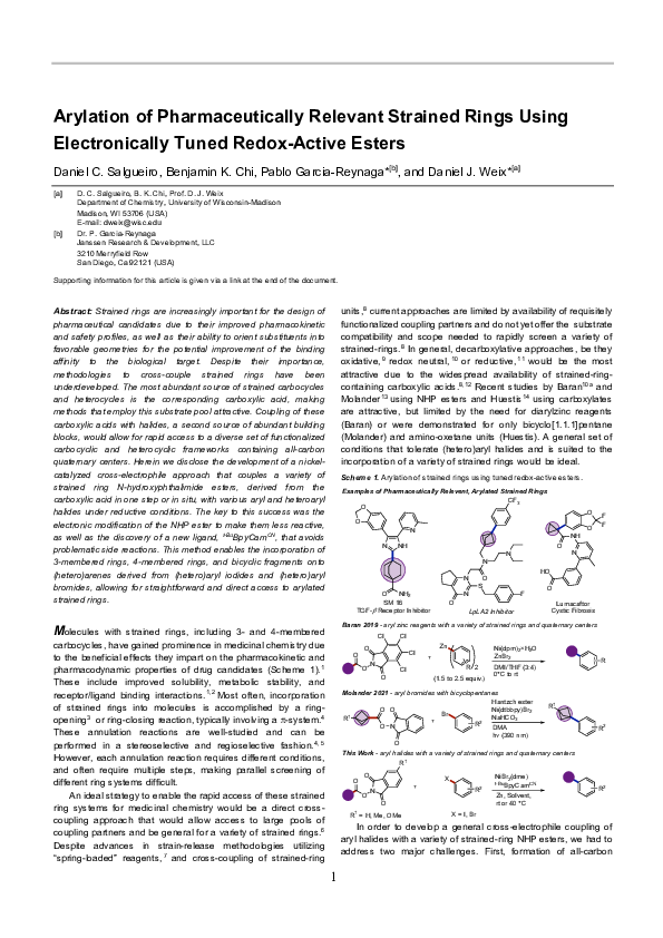 (PDF) Arylation of Pharmaceutically Relevant Strained Rings Using ...