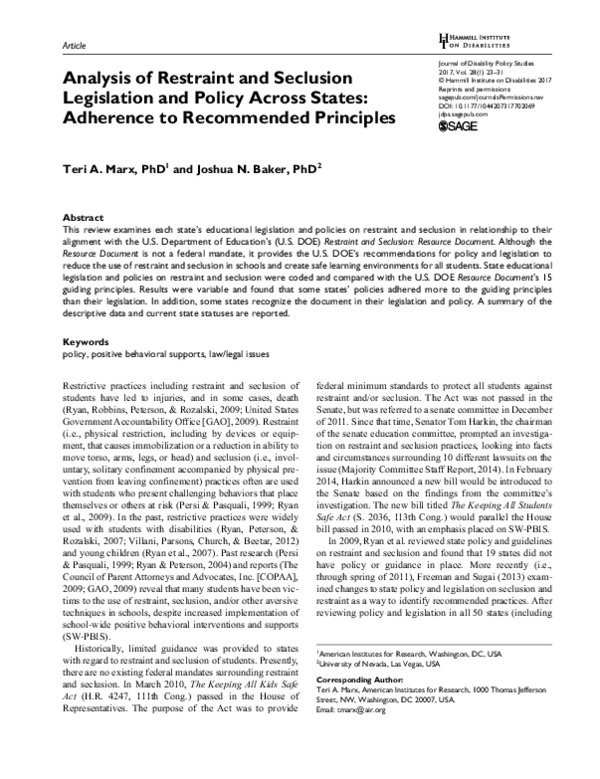 (PDF) Analysis of Restraint and Seclusion Legislation and Policy Across ...