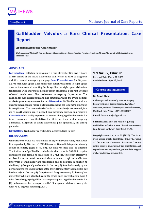 (PDF) Gallbladder Volvulus a Rare Clinical Presentation, Case Report