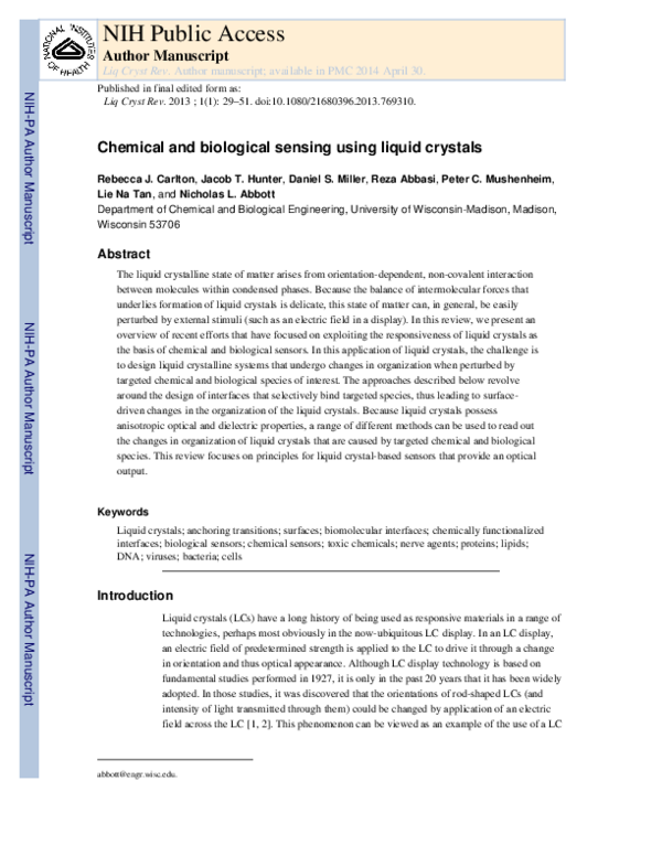 (PDF) Chemical and biological sensing using liquid crystals
