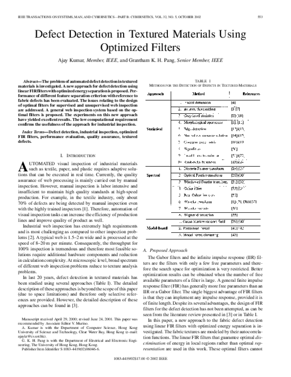 Pdf Defect Detection In Textured Materials Using Optimized Filters