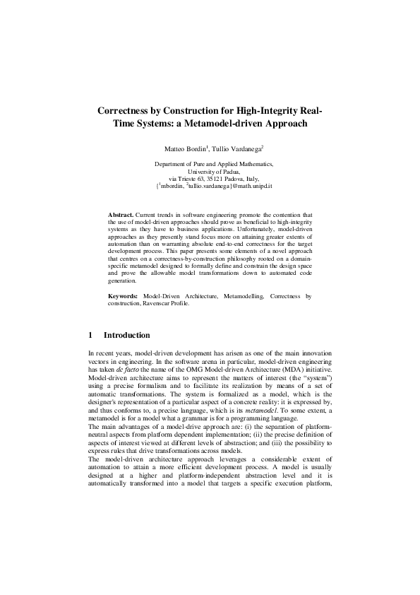 (PDF) Correctness by Construction for High-Integrity Real-Time Systems: A Metamodel-Driven Approach