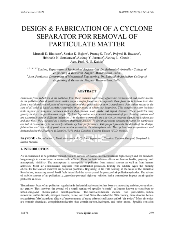 (PDF) Design & Fabrication of Cyclone Separator for Removal of Particulate Matter