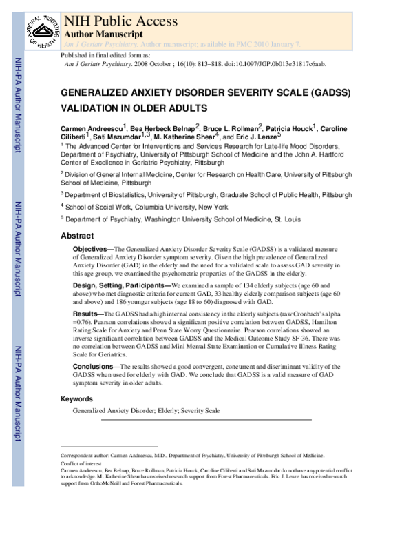 (PDF) Generalized anxiety disorder severity scale validation in older ...