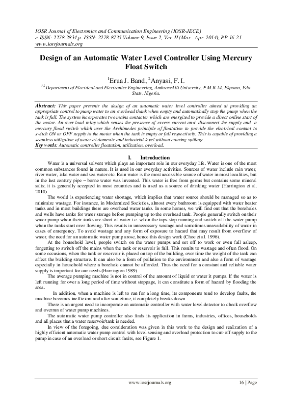 Pdf Design Of An Automatic Water Level Controller Using Mercury Float