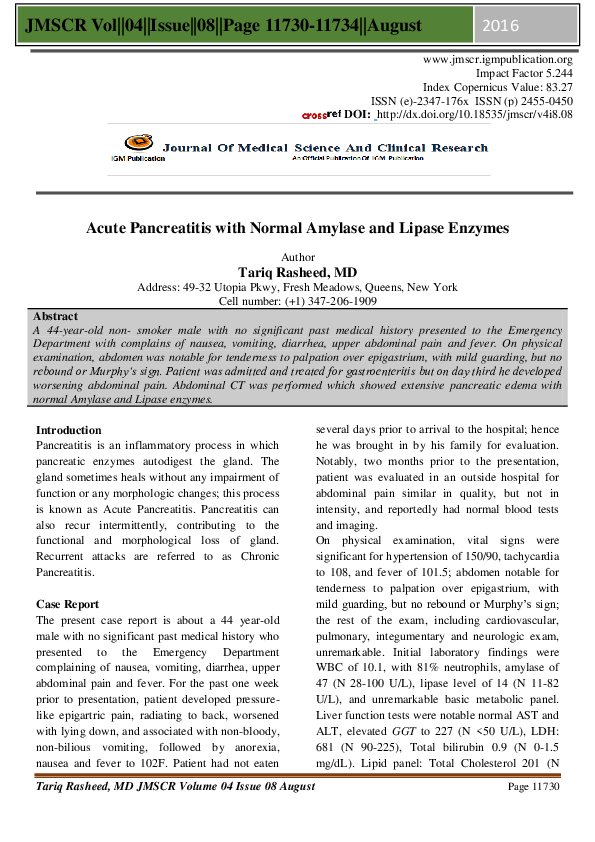 (PDF) Acute Pancreatitis with Normal Amylase and Lipase Enzymes