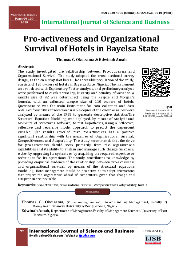 (PDF) Pro-activeness and Organizational Survival of Hotels in Bayelsa State